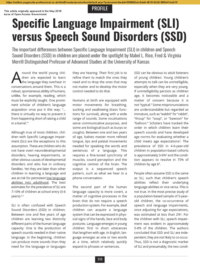 Specific Language Impairment (SLI) Versus Speech Sound Disorders (SSD ...