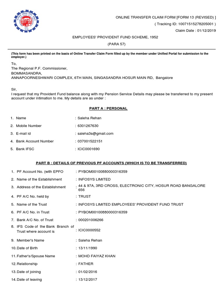 Provident Fund Transfer Request | PDF | Business | Financial Services