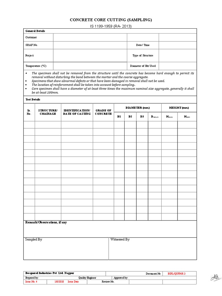 Core Cutting Sampling Proforma | PDF