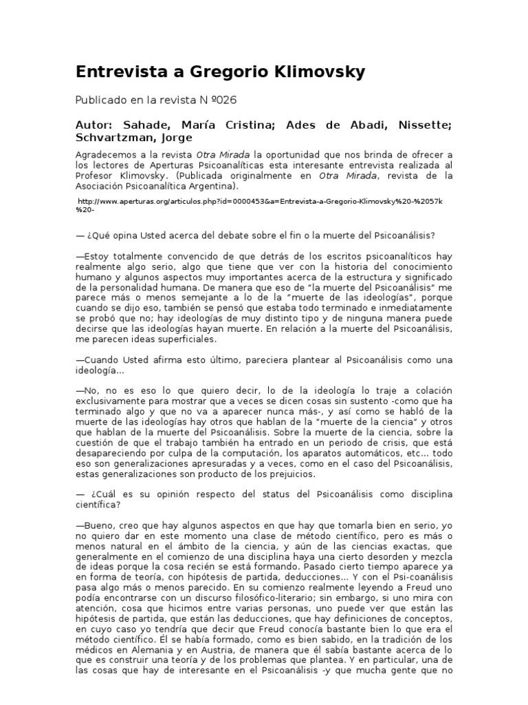 Entrevista A Gregorio Klimovsky | PDF | Psicoanálisis | Teoría