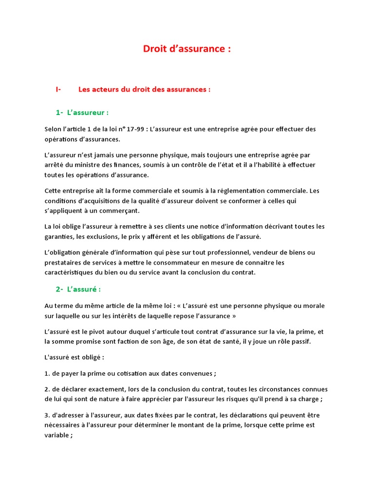 Droit des Assurances au Maroc : Loi 17-99 | PDF | Assurance | Droit des ...