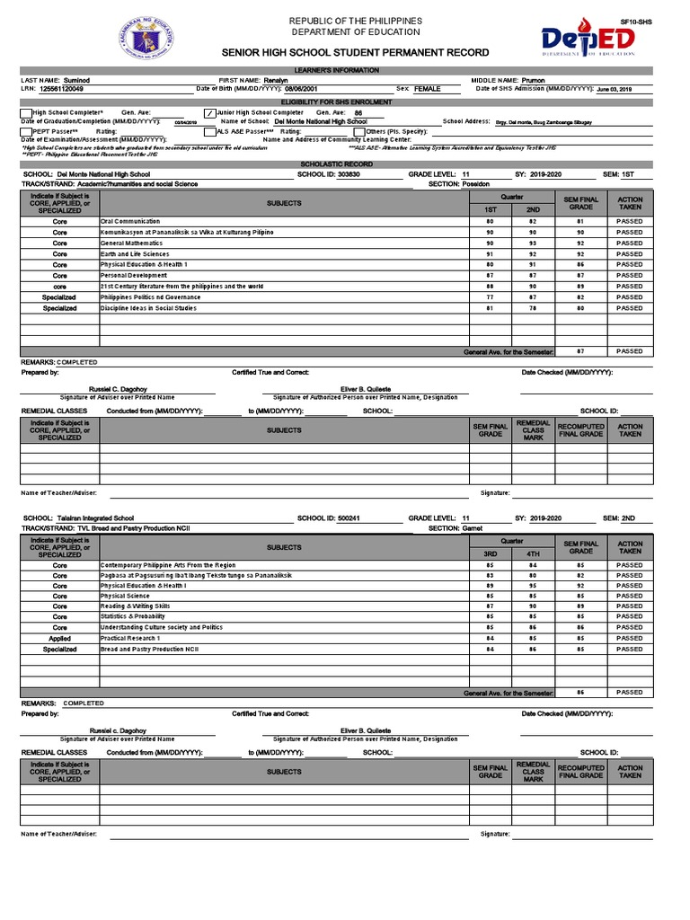 Senior High School Student Permanent Record: Republic of The ...