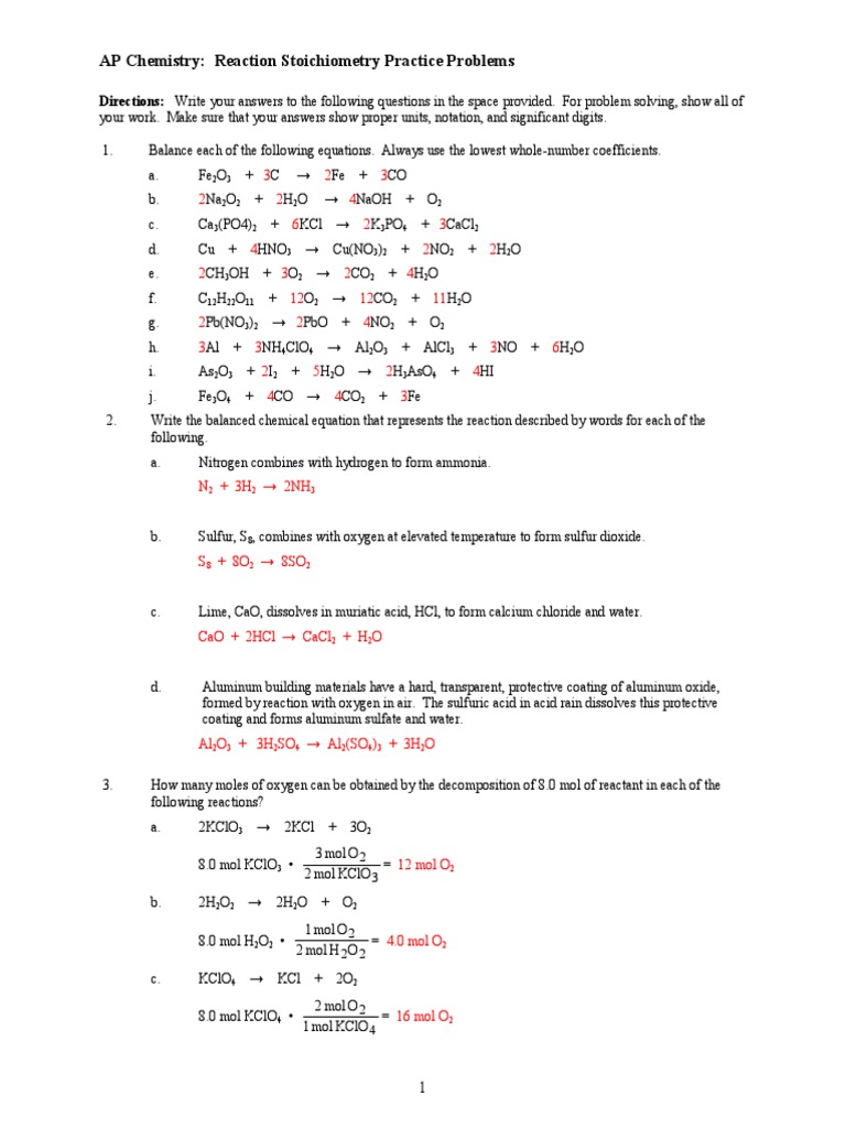 AP Chemistry: Reaction Stoichiometry Practice Problems | PDF | Mole ...