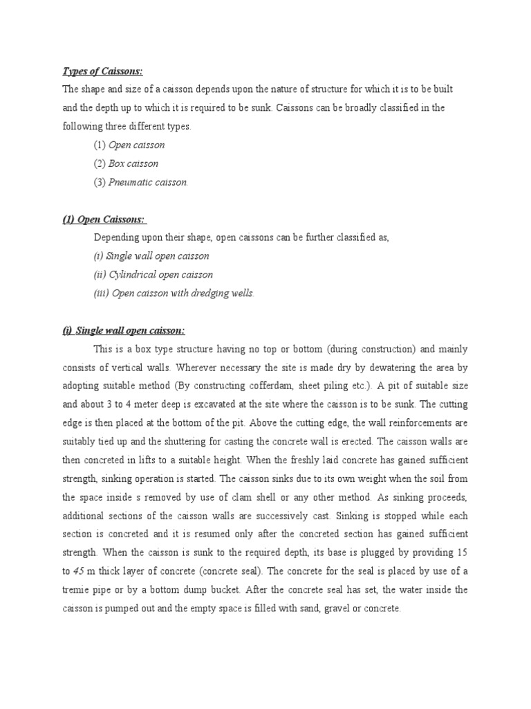 Types of Caissons:: (I) Single Wall Open Caisson (Ii) Cylindrical Open ...
