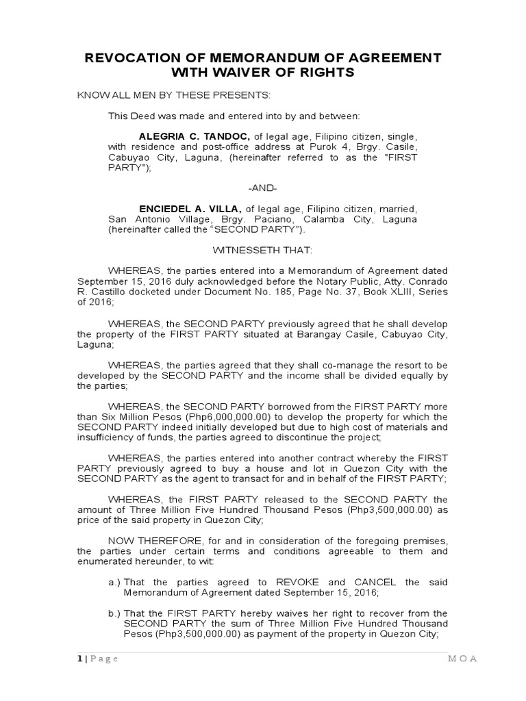 REVOCATION OF MEMORANDUM OF AGREEMENT - Alegria Tandoc | PDF ...