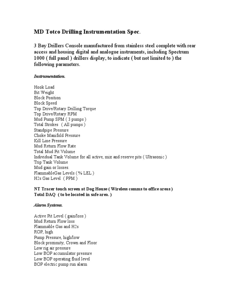 Drilling Instrumentation Specs | PDF | Business | Computers