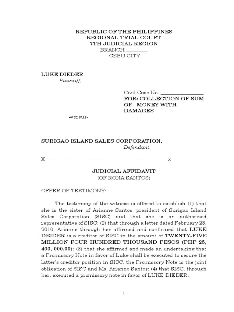 Judicial Affidavit: Debt Collection Case | PDF | Power Of Attorney ...