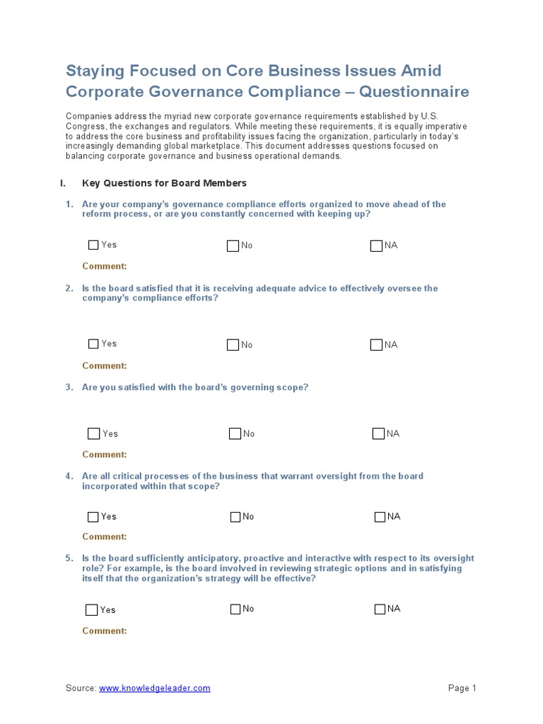 Corporate Governance Compliance Questionnaire | PDF | Governance ...