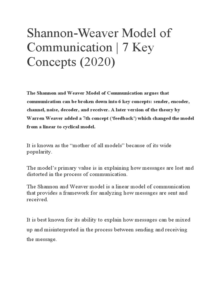 Shannon-Weaver Model of Communication - 7 Key Concepts (2020) | PDF ...