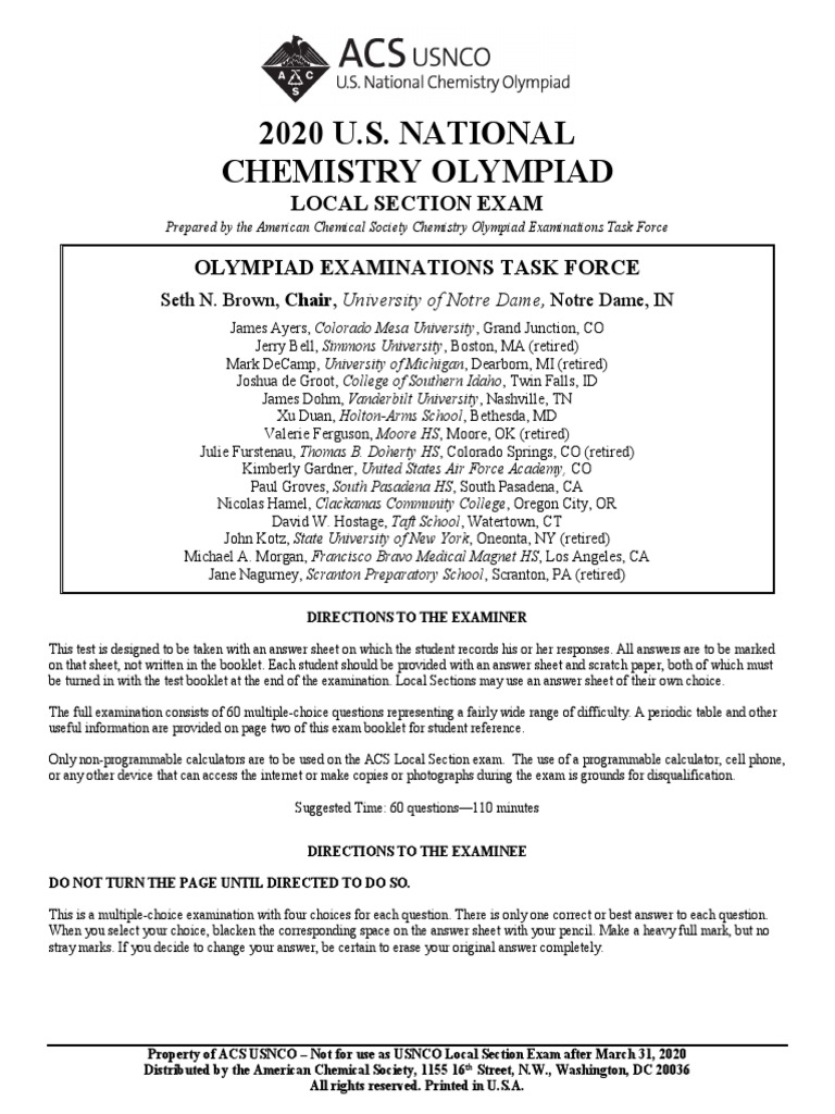 2020 Usnco Local Exam PDF | PDF | Alkene | Potassium