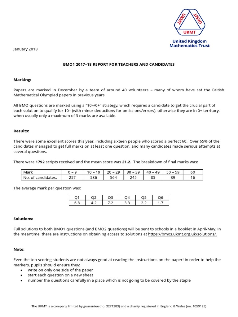 BMO1 2017-18 Results & Marking Insights | PDF