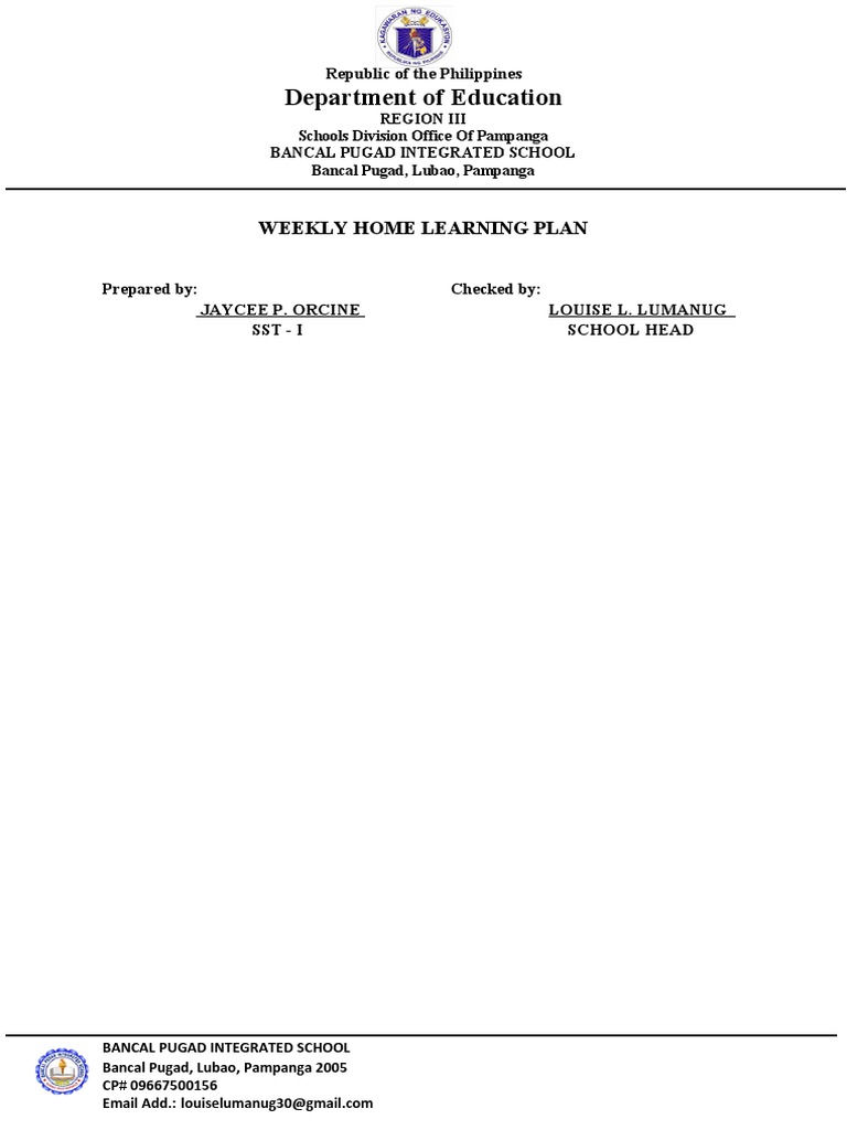 Department of Education: Weekly Home Learning Plan | PDF