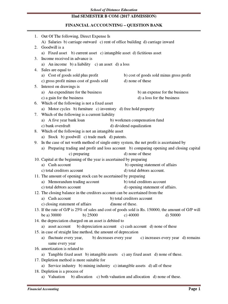 Financial Accounting MCQ Question Bank | PDF | Depreciation | Insurance