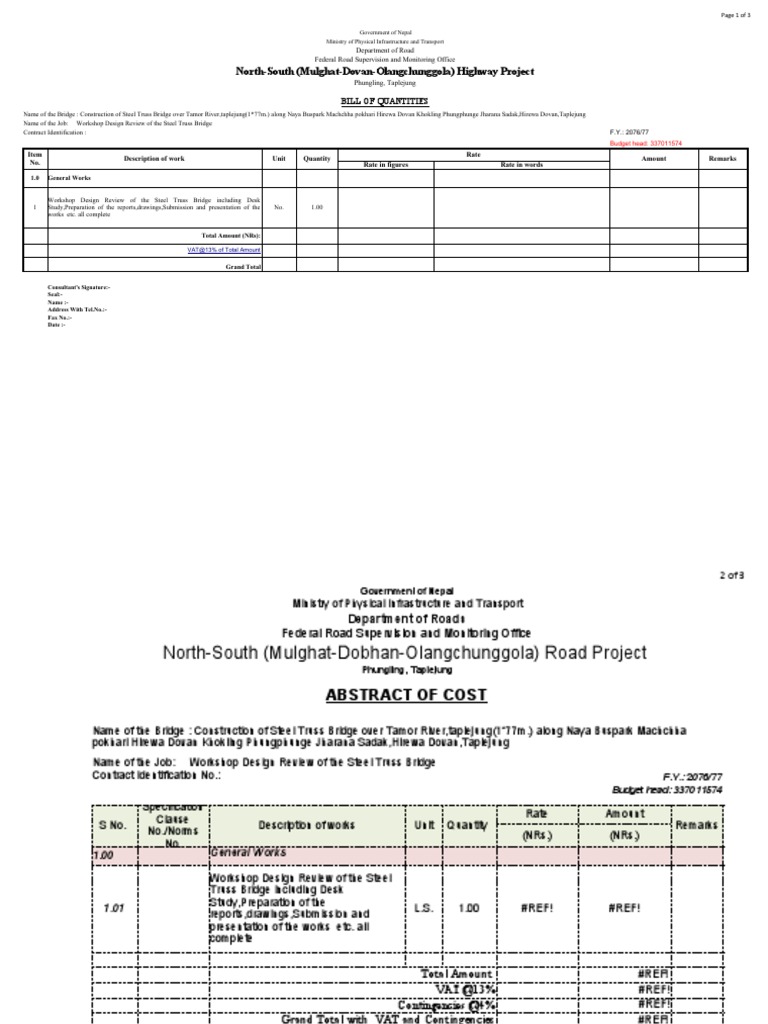 BOQ of Workshop Design Review at Tamor Khola Bridge, Hirewa Dobhan ...