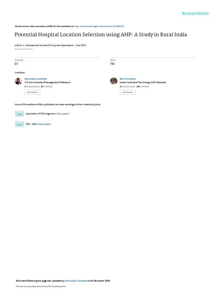 Potential Hospital Location Selection Using Ahp A Pdf Download Free Pdf Computing And