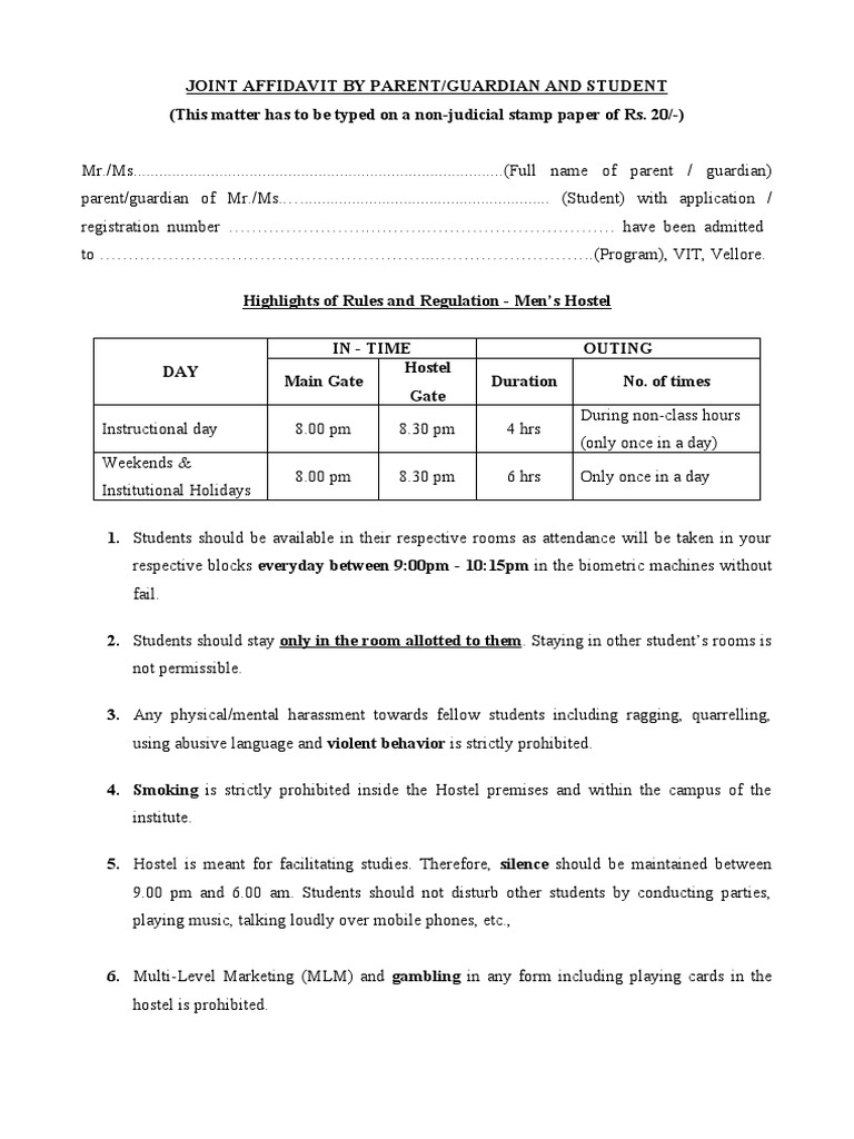 Hostel Affidavit Mens 2019 | PDF | Legal Guardian | Surety