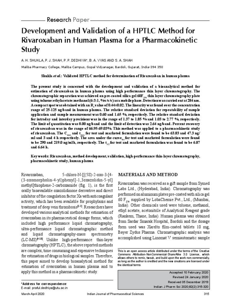 Development and Validation of A HPTLC Method For Rivaroxaban in Human Plasma For A ...