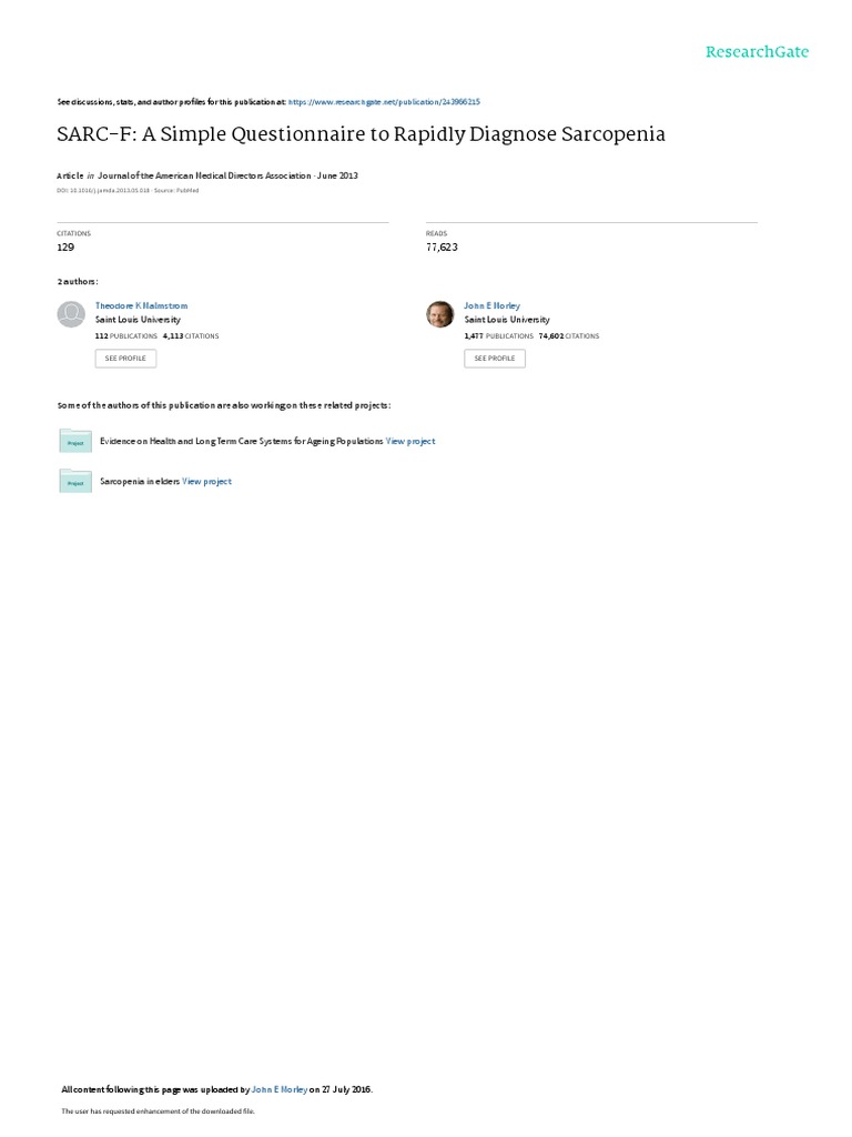 SARC-F: A Simple Questionnaire To Rapidly Diagnose Sarcopenia | Download Free PDF | Osteoporosis ...