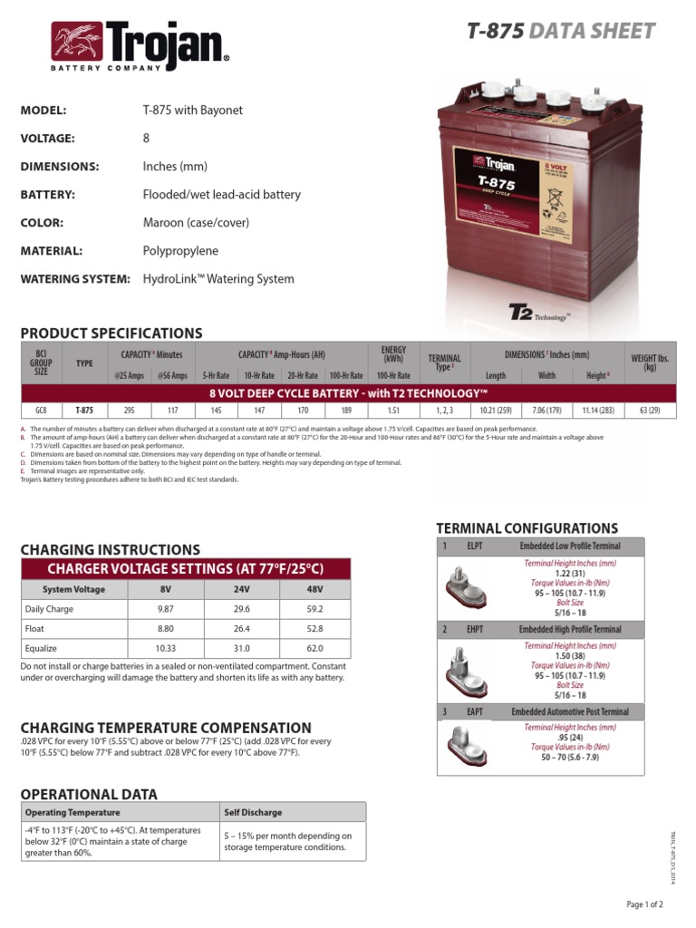 T875 Trojan Data Sheets PDF | PDF | Rechargeable Battery | Electromagnetism