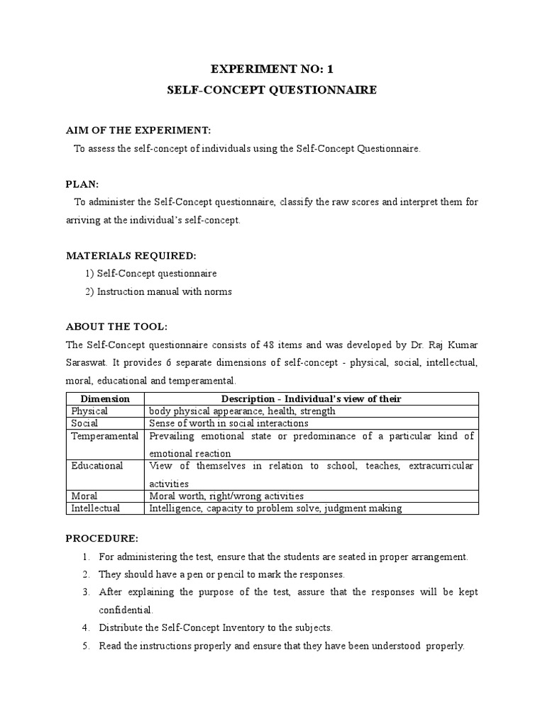Experiment No: 1 Self-Concept Questionnaire: Aim of The Experiment ...