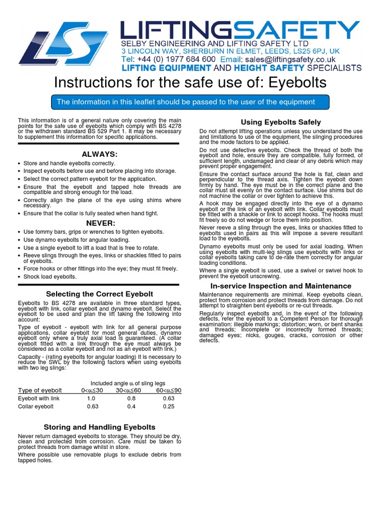 Instructions For The Safe Use Of: Eyebolts: The Information in This ...