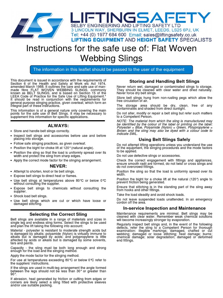 Instructions For The Safe Use Of: Flat Woven Webbing Slings | PDF ...