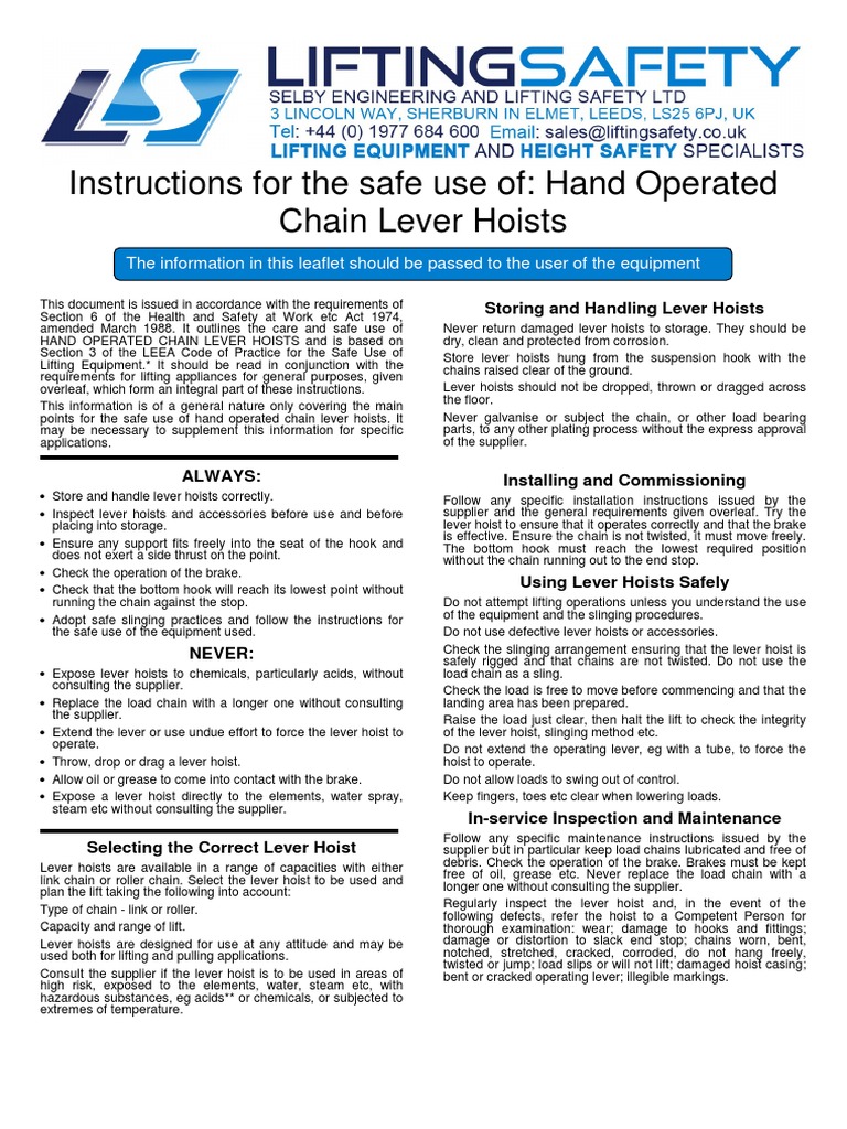 Instructions For The Safe Use Of: Hand Operated Chain Lever Hoists ...