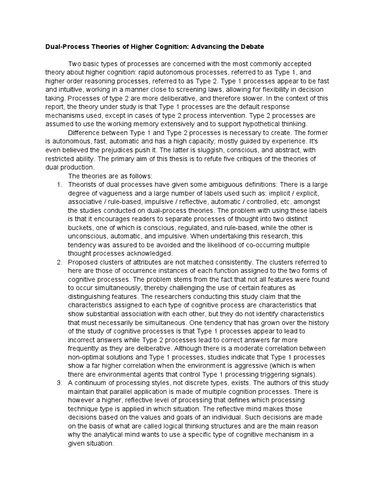 Dual-Process Theories of Higher Cognition: Advancing The Debate | PDF ...