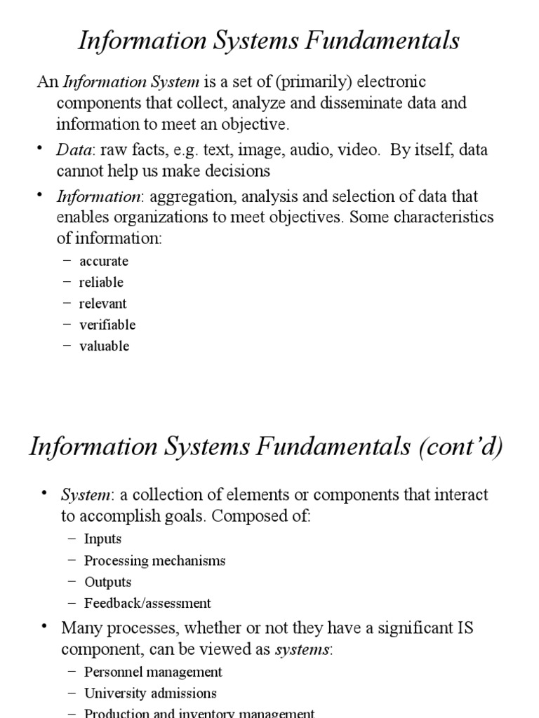 Information Systems Fundamentals: - Accurate - Reliable - Relevant ...