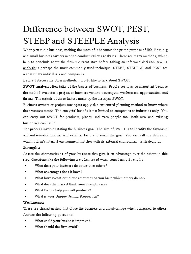 Difference Between SWOT PEST STEEP STEEPLE | PDF | Swot Analysis ...