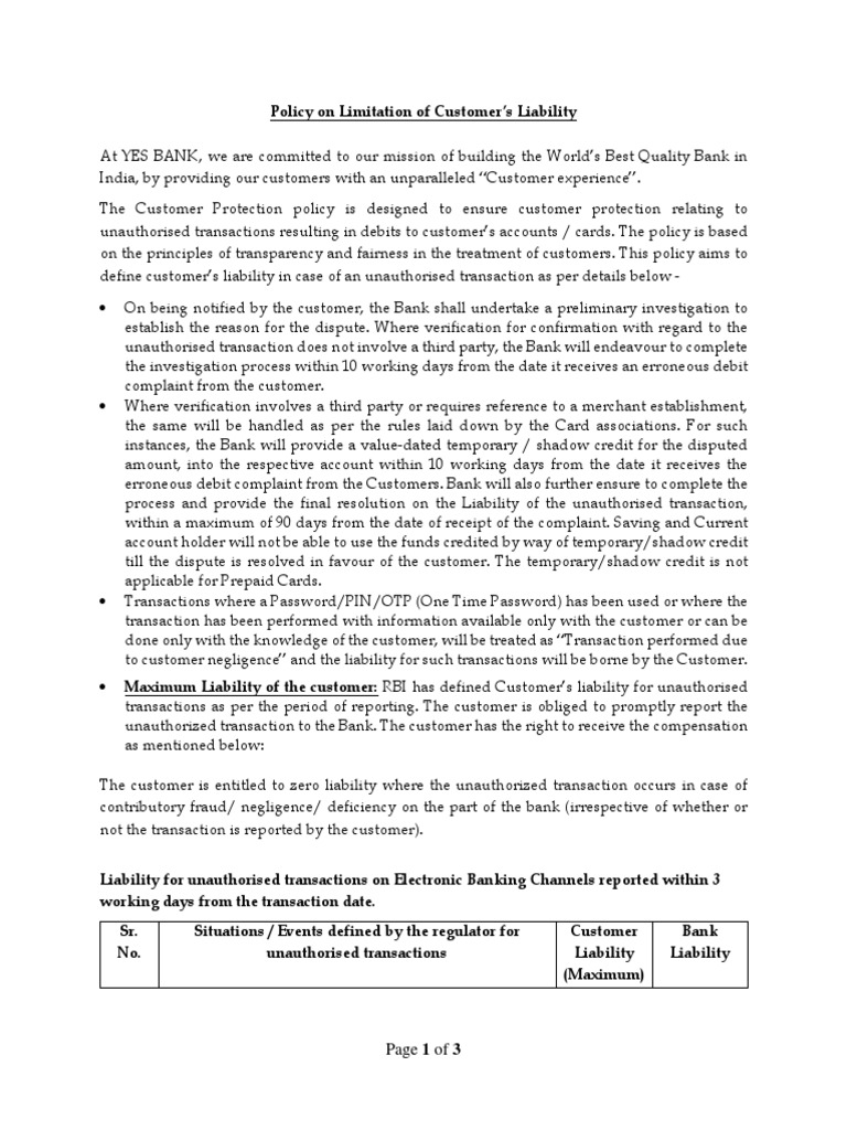 Customer Protection Policy | PDF | Debit Card | Financial Transaction