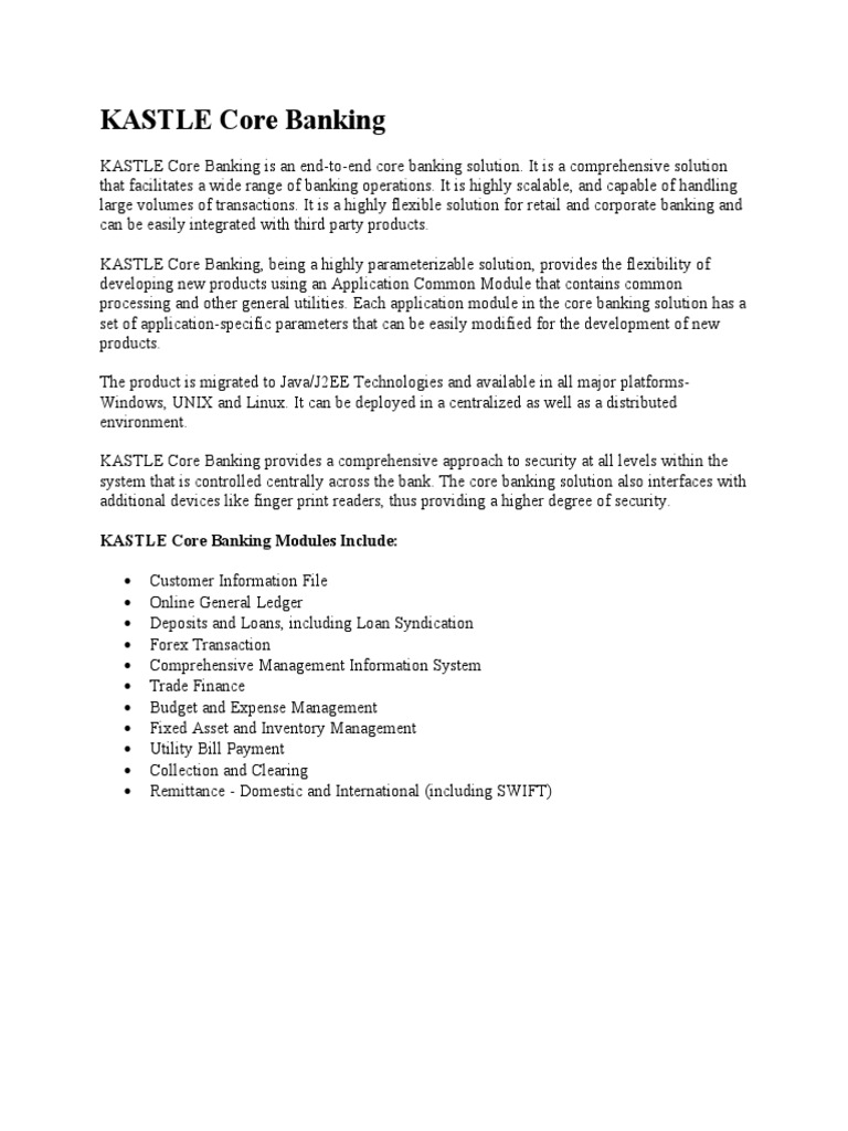 KASTLE Core Banking Overview | PDF