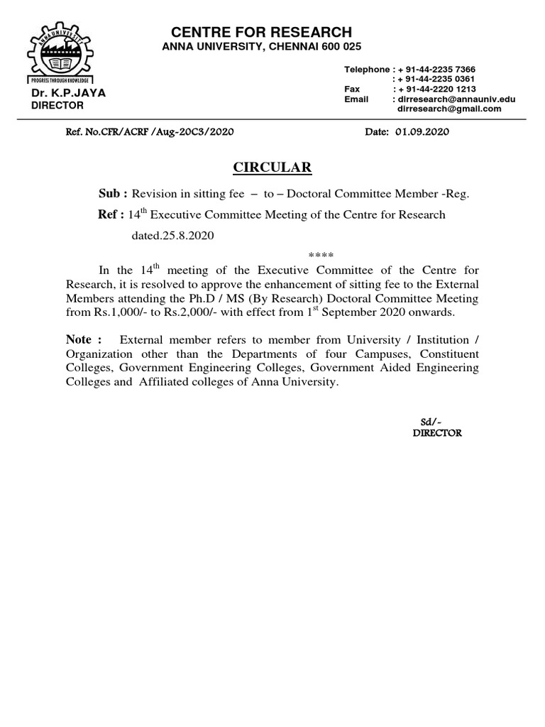 Centre For Research: Sub: Revision in Sitting Fee - To - Doctoral ...