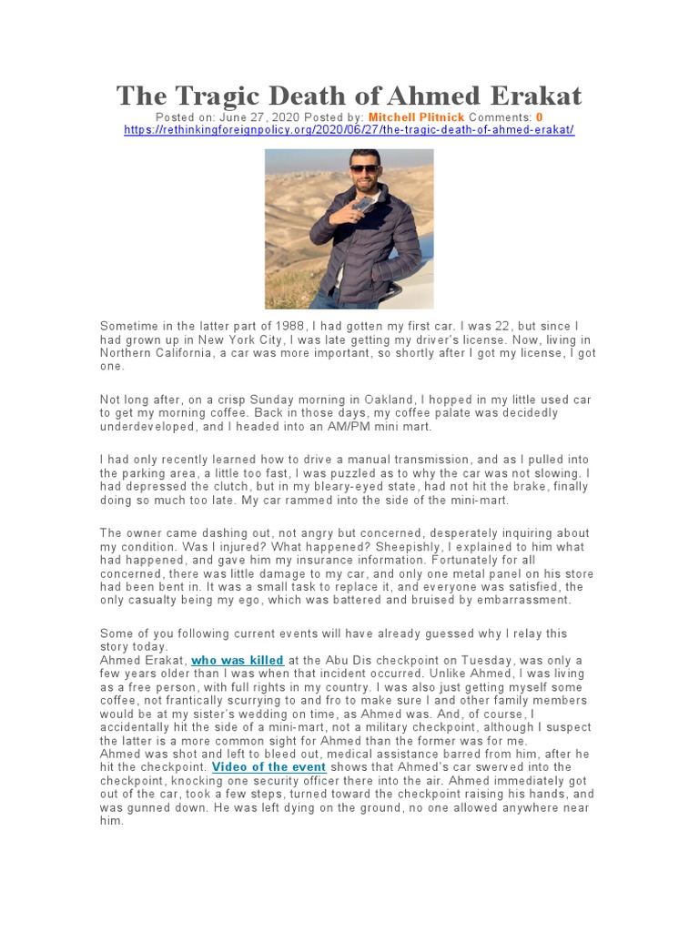 The Tragic Death of Ahmed Erakat: Mitchell Plitnick 0 | PDF | Israel ...