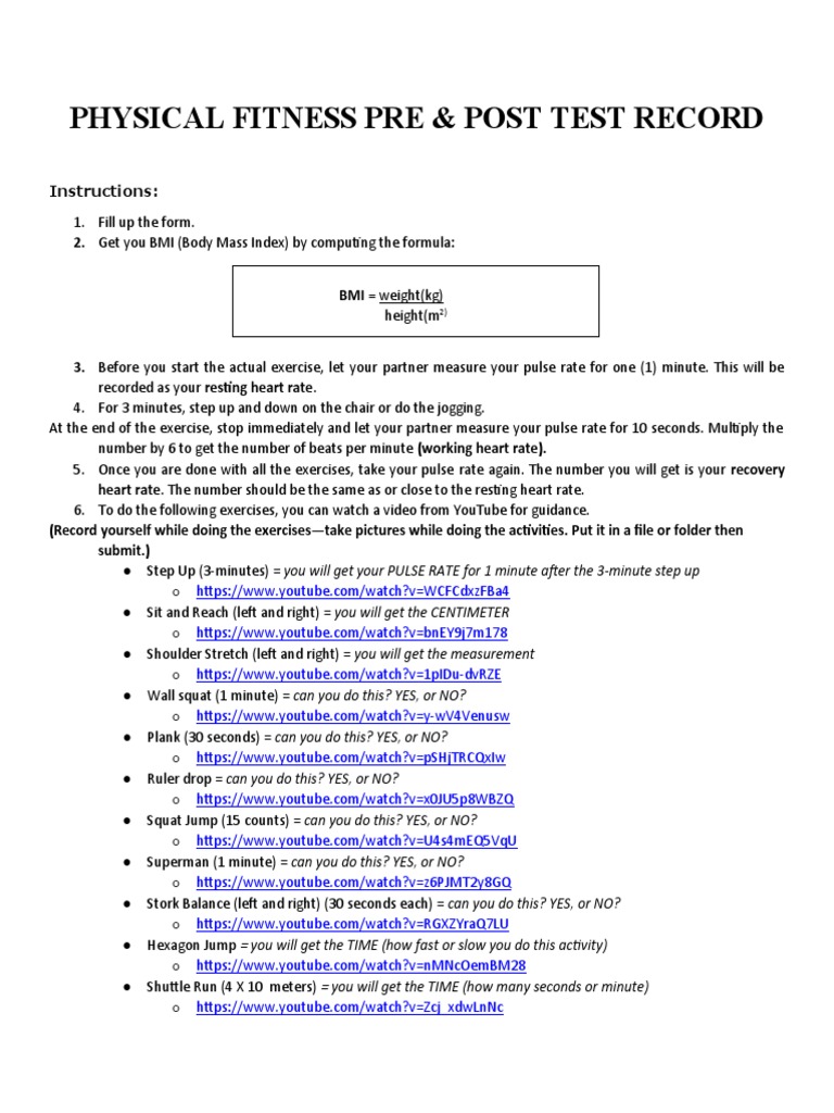 Physical Fitness Pre & Post Test Record | PDF | Heart Rate | Body Mass ...