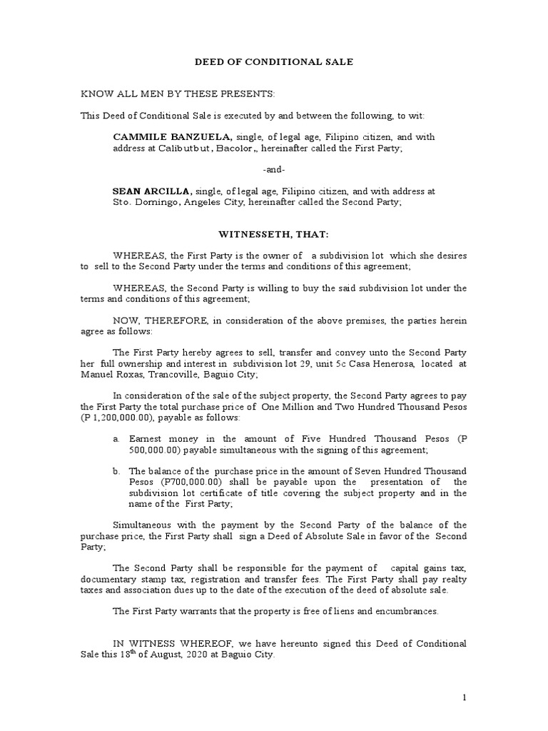 Deed of Conditional Sale Condominium Unit | PDF | Deed | Natural ...