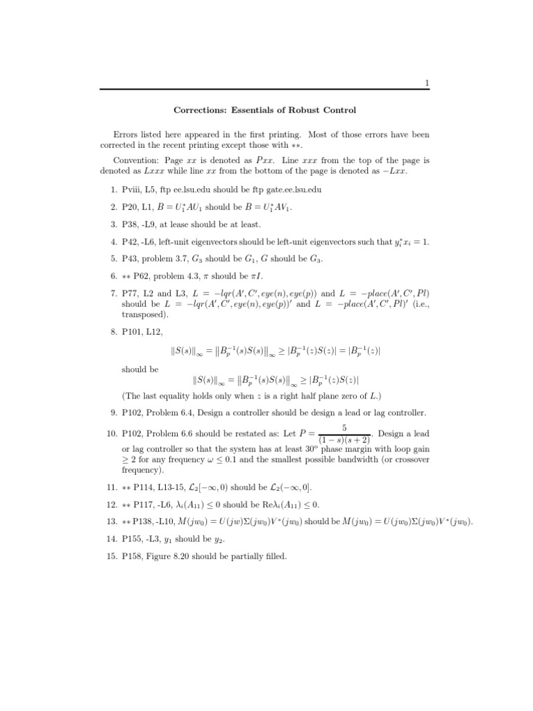 Corrections: Essentials of Robust Control | PDF | Teaching Mathematics