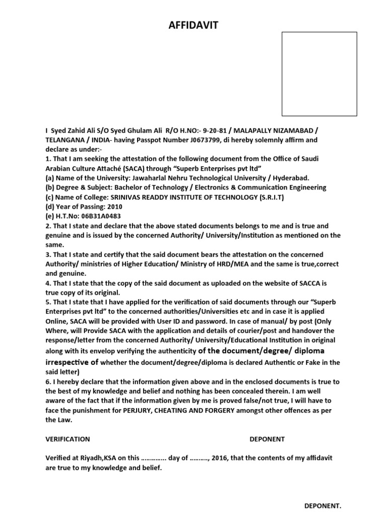 Affidavit: of The Document/degree/ Diploma Irrespective of | PDF | Law