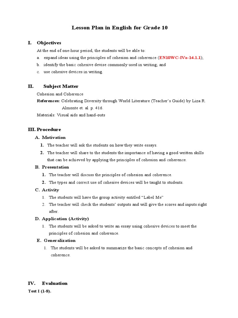 Lesson Plan in English For Grade 10: I. Objectives | PDF | Writers | Essays