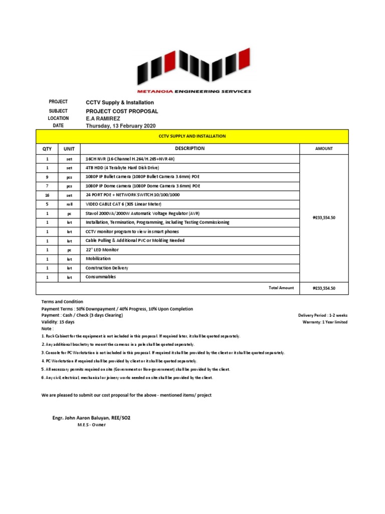 CCTV Supply & Installation Project Cost Proposal: E.A Ramirez Thursday ...