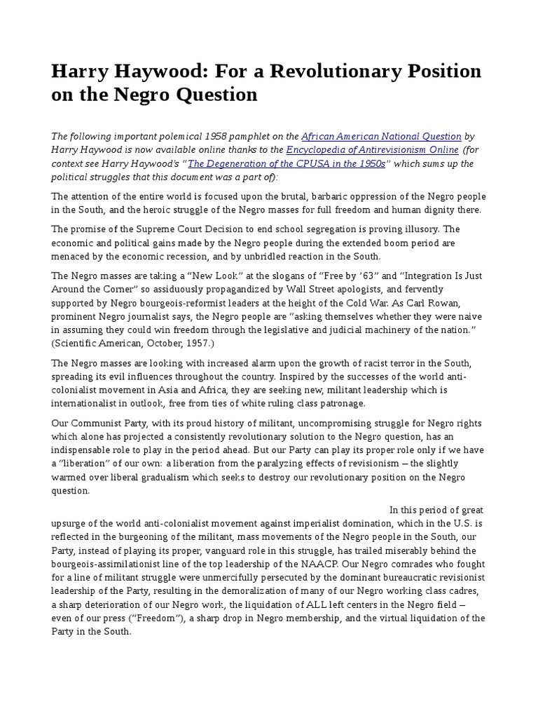 Harry Haywood - For A Revolutionary Position On The Negro Question ...