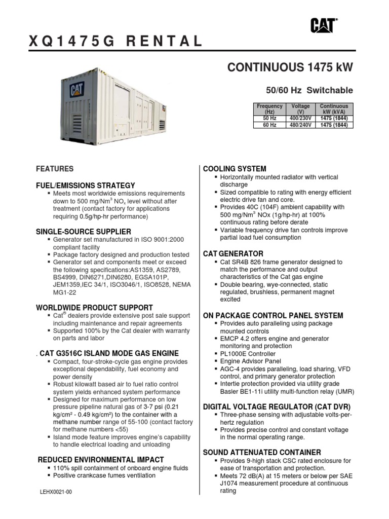 Xq1475G Rental: Continuous 1475 KW | PDF | Electric Generator | Engines