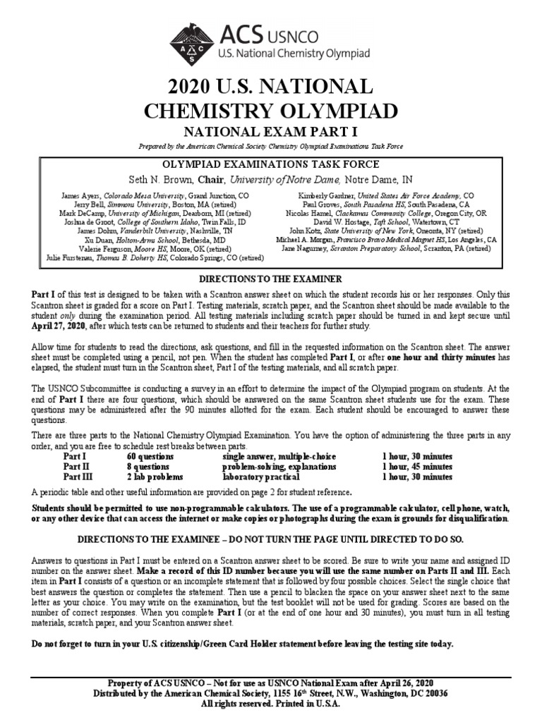 2020 Usnco Exam Part I | PDF | Chlorine | Nitric Acid