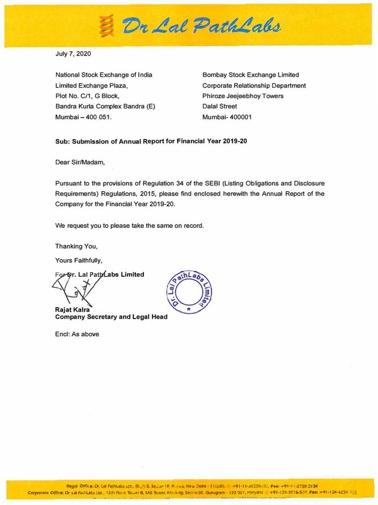 Dr. Lal PathLabs Annual Report 2019-20 | PDF | Audit | Dividend