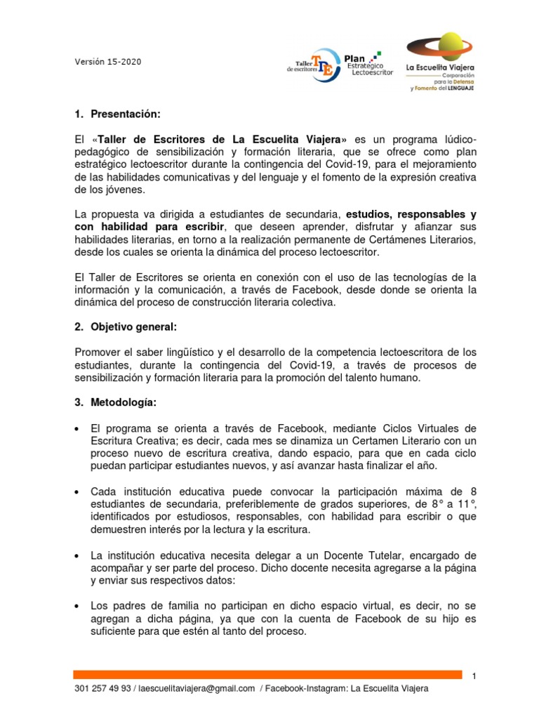 BASES - Taller de Escritores de La Escuelita Viajera, Version 15-2020 ...