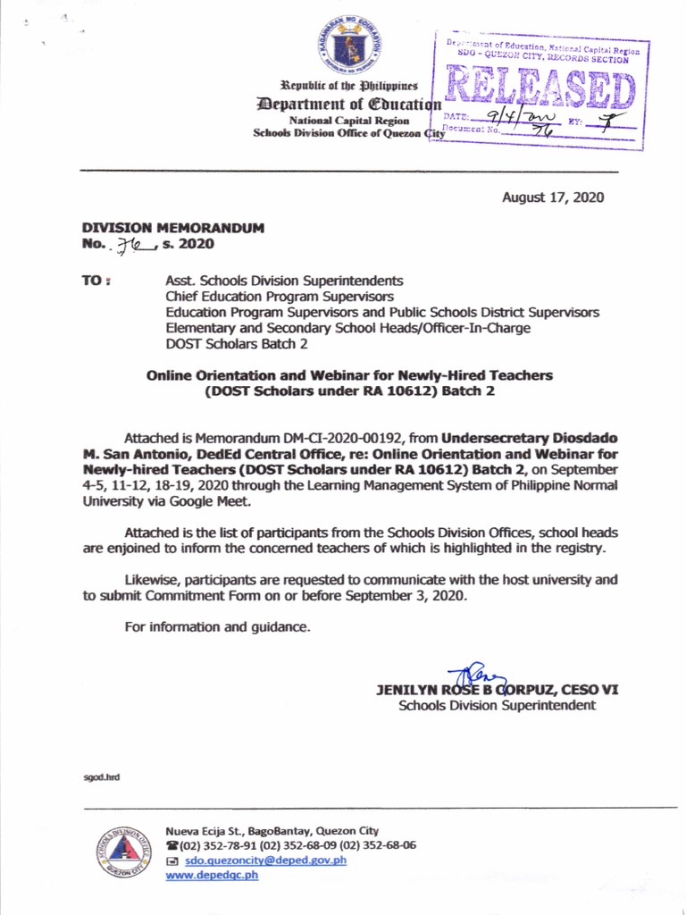 Memorandun No. 76 Online Orientation and Webinar For Newly - Hired ...