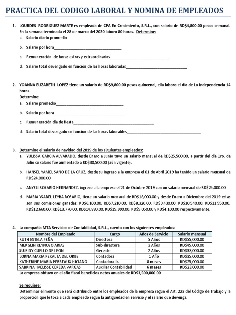 Practica Codigo Laboral y Nomina de Empleados - F | PDF | Lugar de ...
