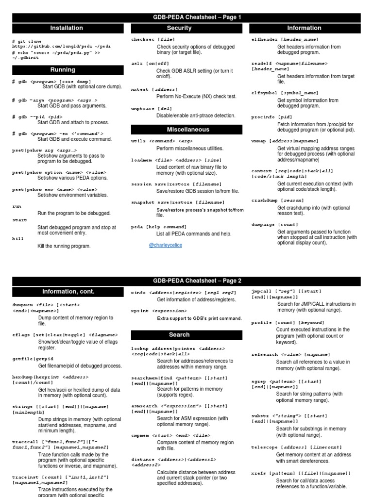 Installation Security Information: GDB-PEDA Cheatsheet - Page 1 | PDF ...