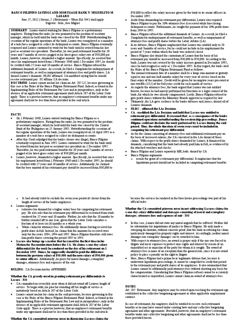 Banco Filipino V Lazaro | PDF | Employment | Retirement