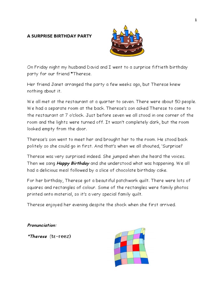 A Surprise Birthday Party Reading Comprehension Exercises - 24359 | PDF